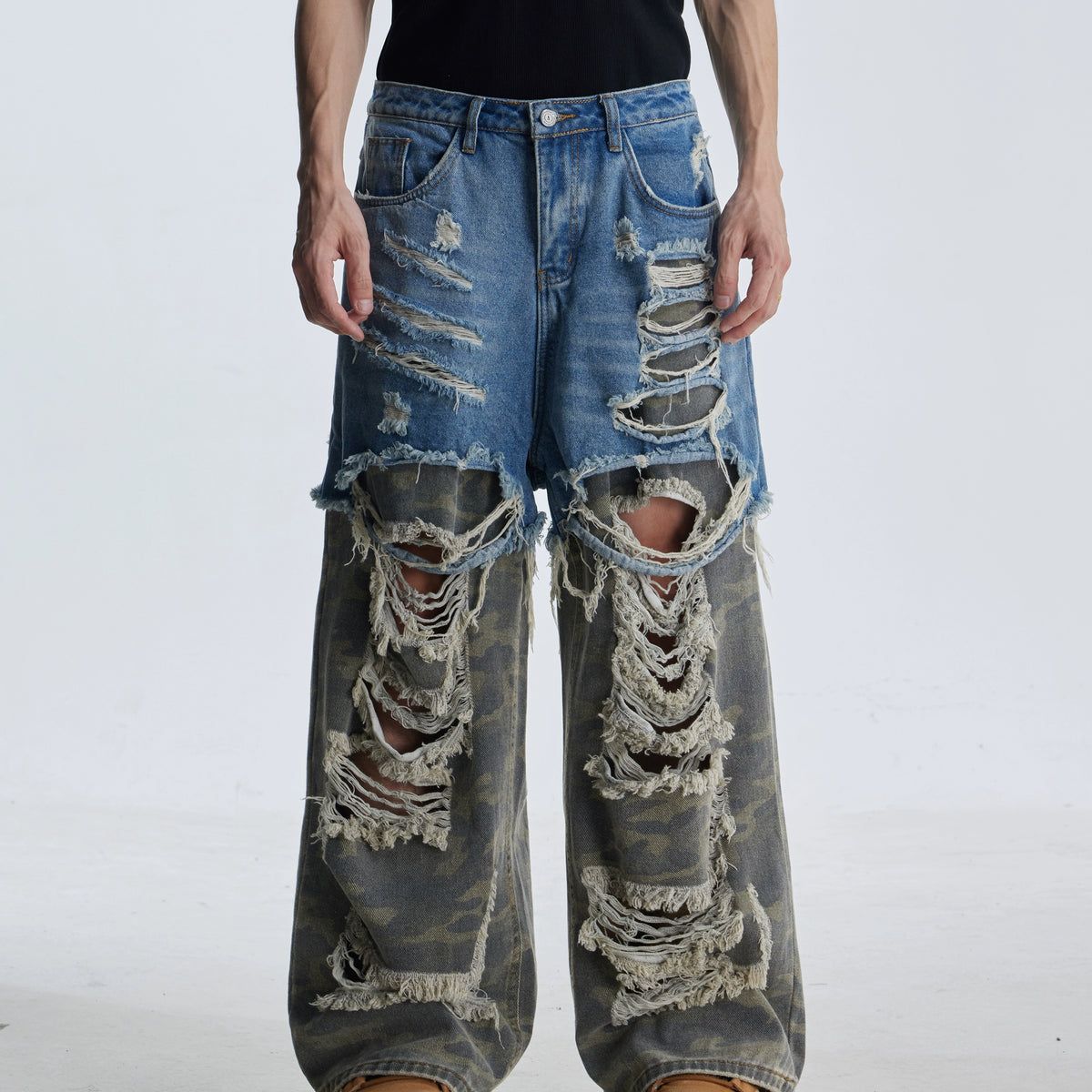 Deconstructed Patchwork Straight-Leg Camo Jeans with Distressed Ripped ...